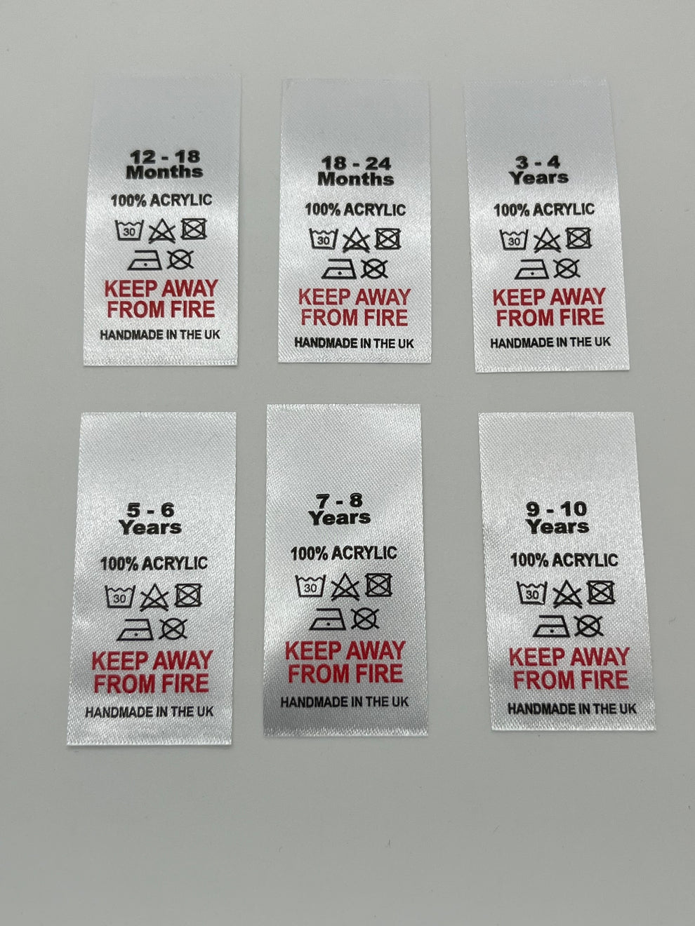 100% Acrylic Wash Care labels with sizes – Trim Warehouse